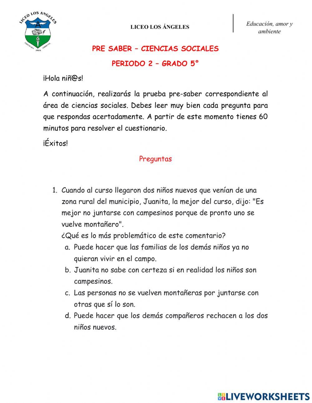 Pre saber cs 5° - p2 worksheet | Live Worksheets