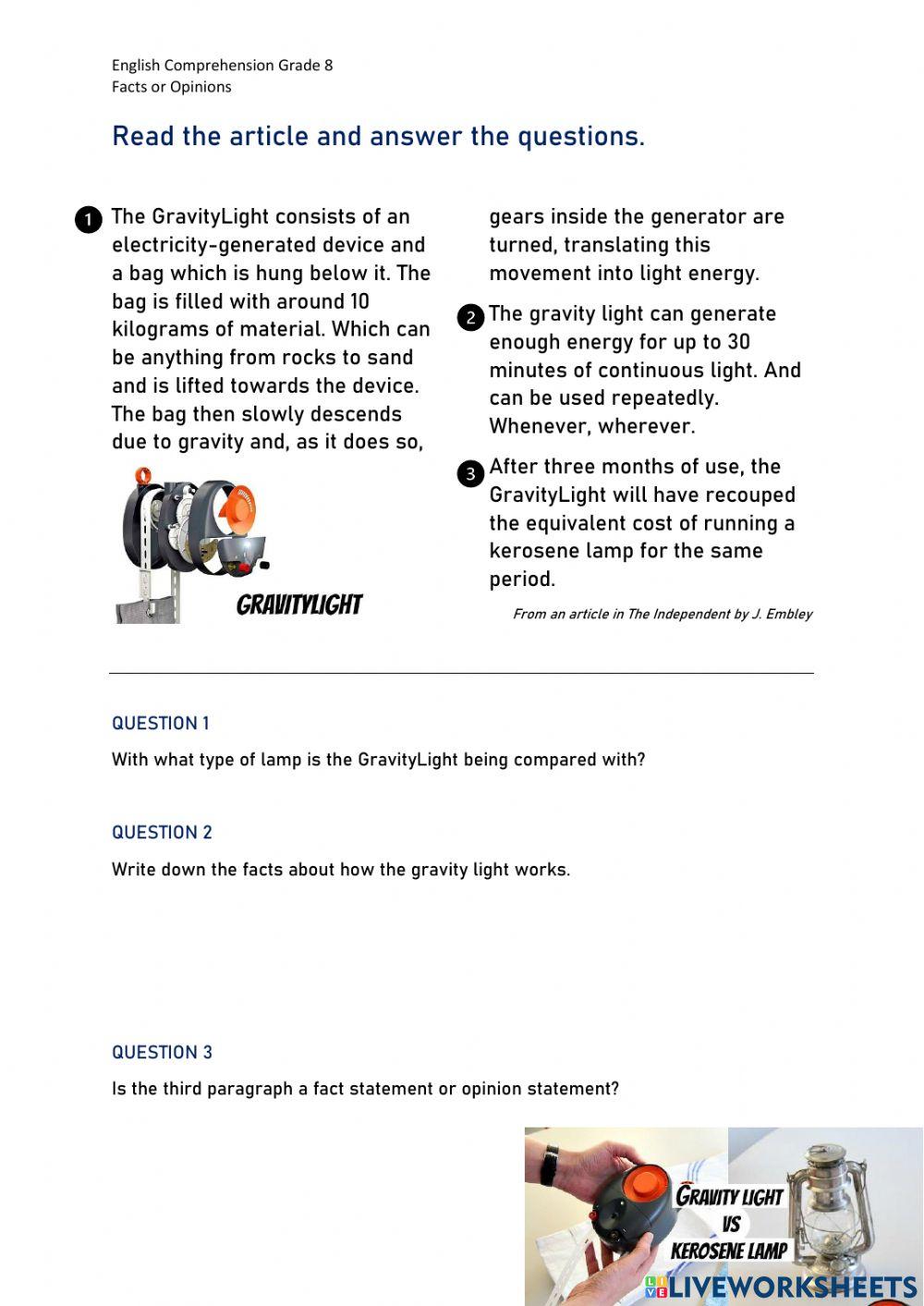 GravityLight article worksheet | Live Worksheets