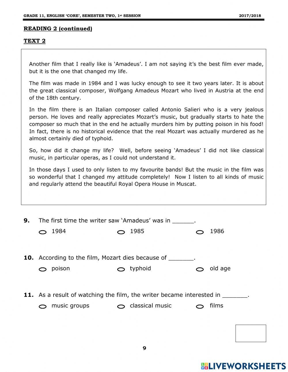 Grade 11 - Test… | Free Interactive Worksheets | 6578036