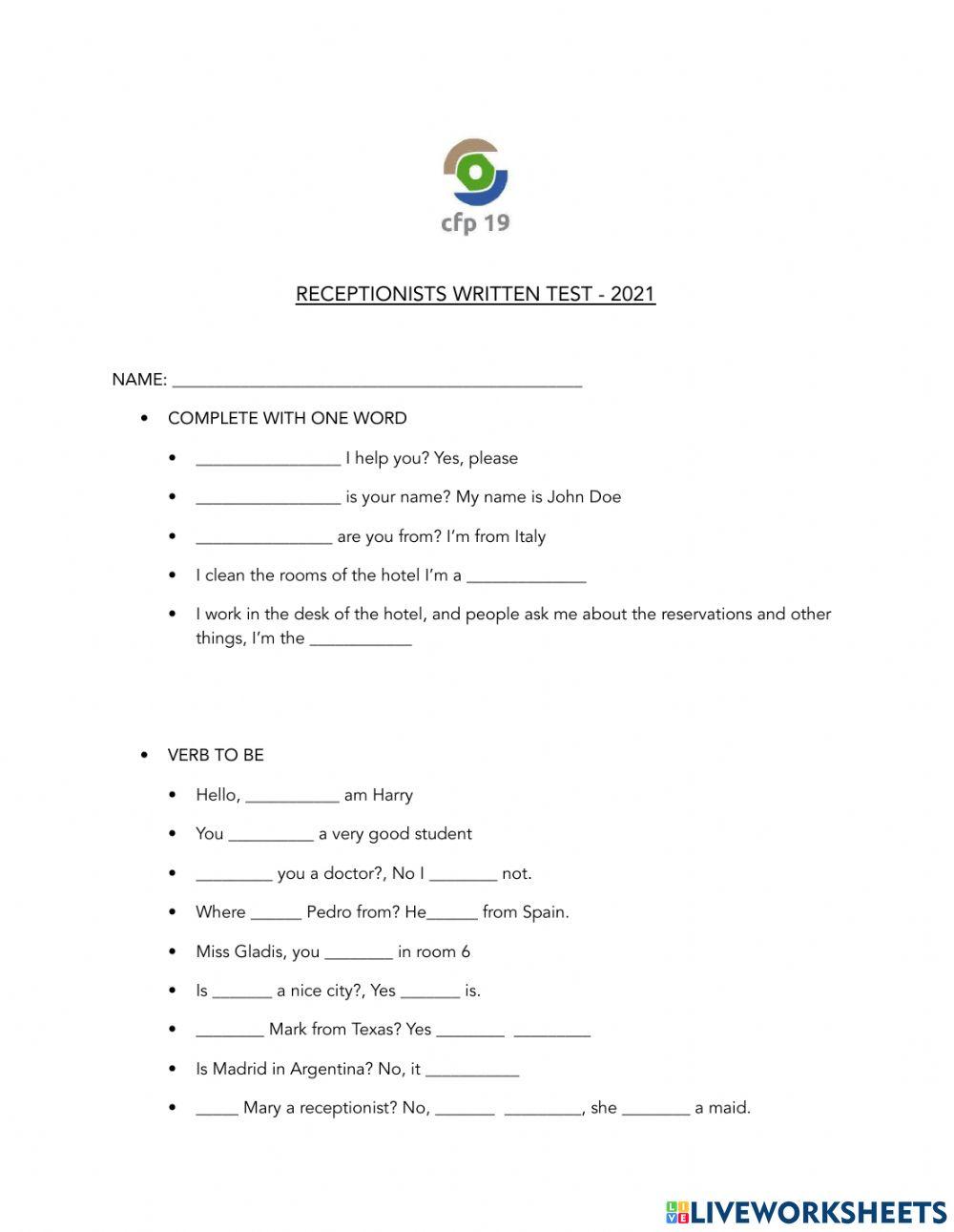 Hotel receptionists - test 2021 worksheet | Live Worksheets