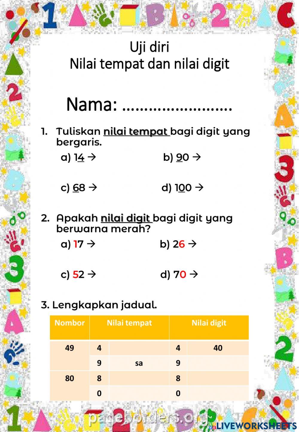 Nilai tempat da… | Free Interactive Worksheets | 980420