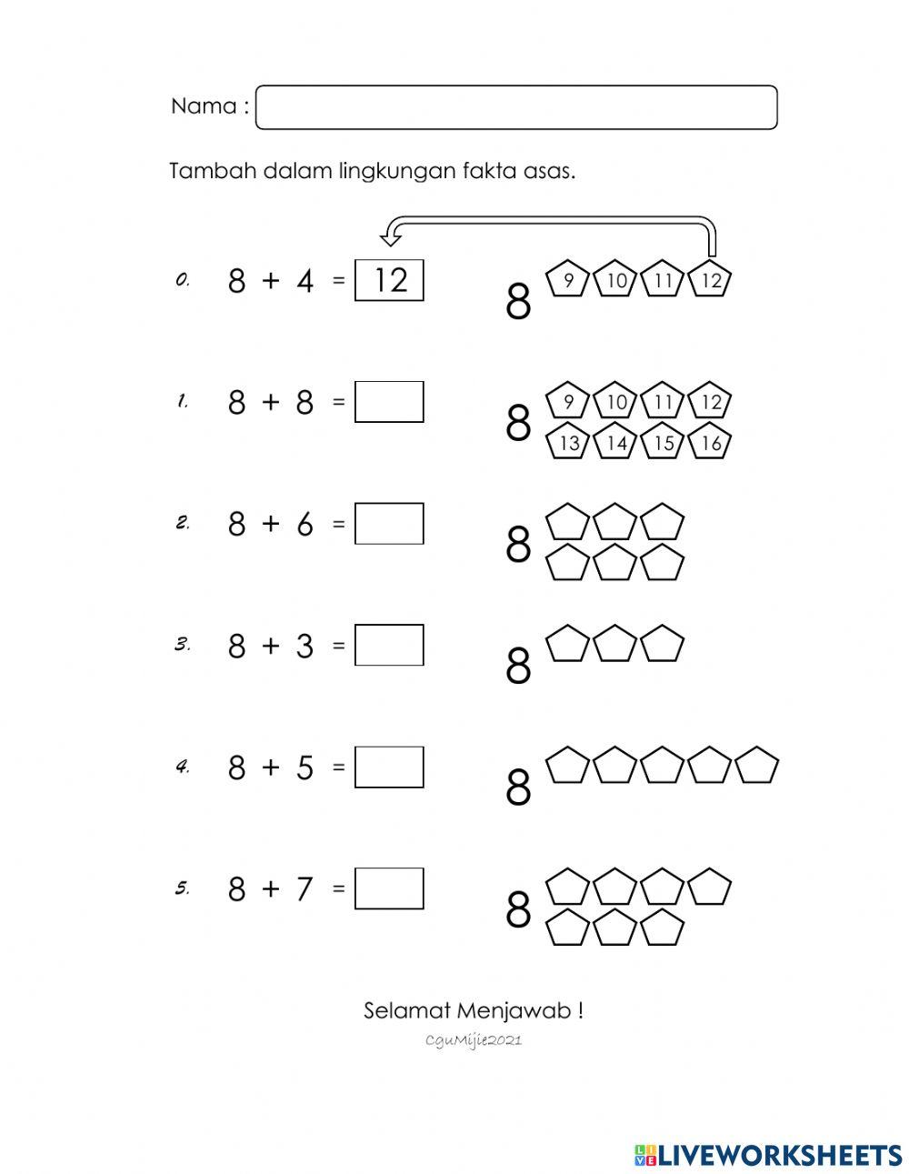 Tambah online worksheet for 1 | Live Worksheets