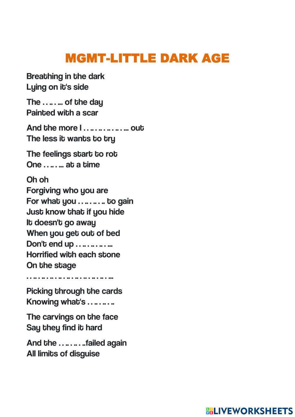 MGMT-Little Dark Age SONG WORKSHEET worksheet | Live Worksheets