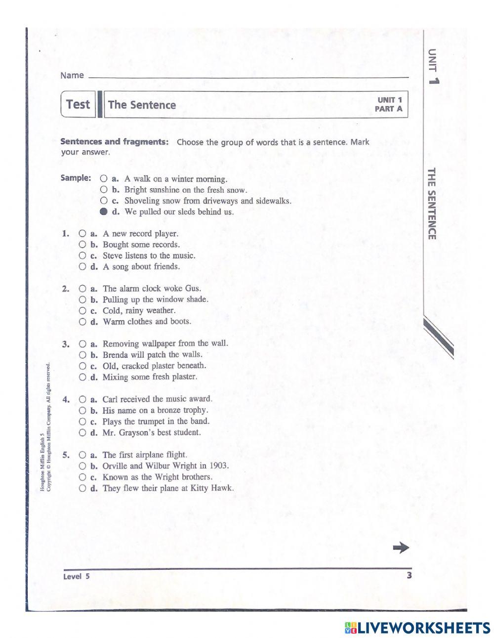 The Sentence Test Part A online exercise for | Live Worksheets