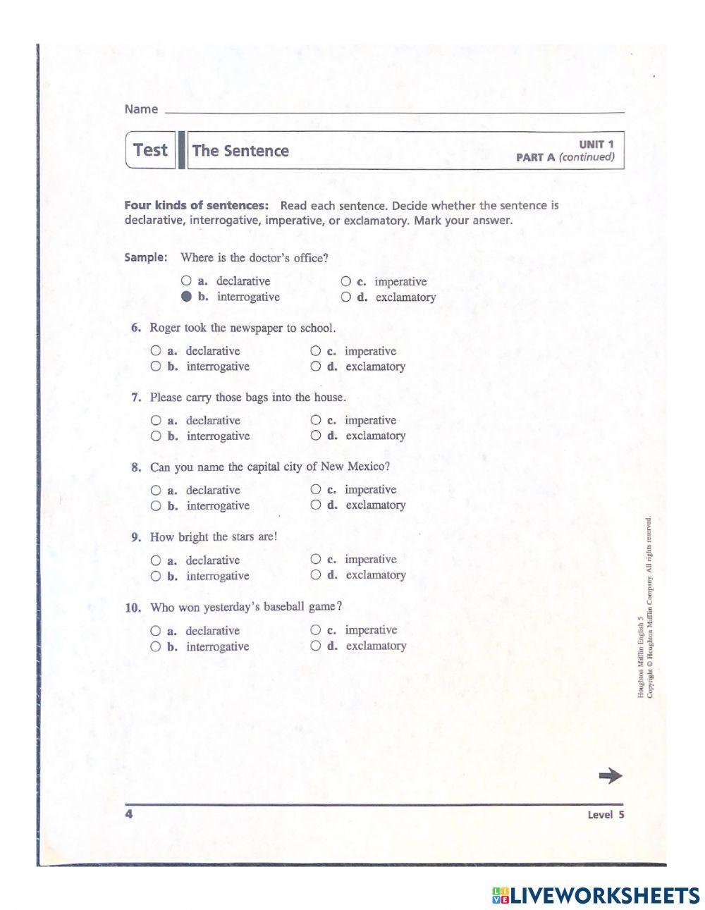 The Sentence Test Part A online exercise for | Live Worksheets