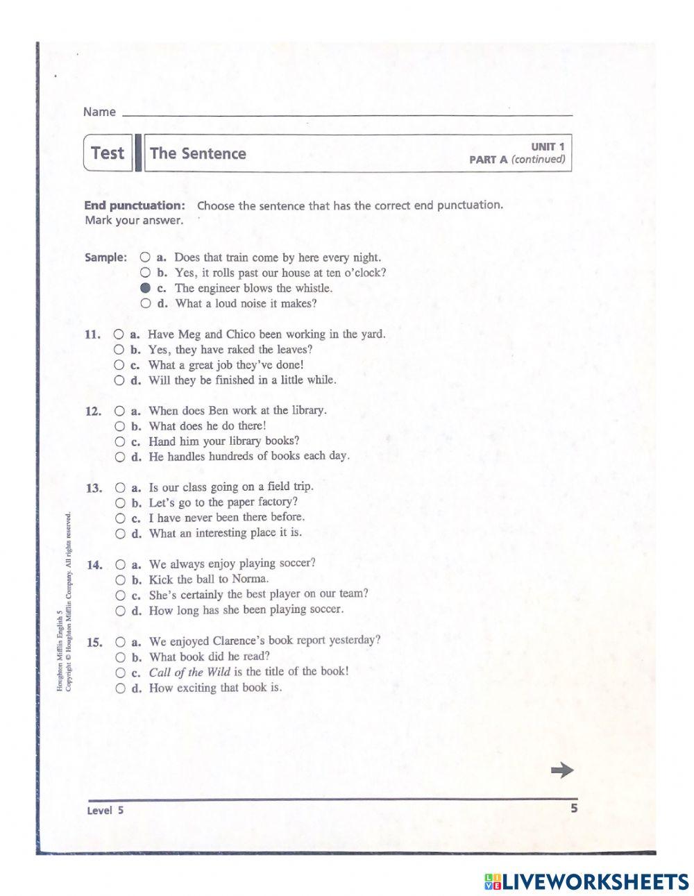 The Sentence Test Part A online exercise for | Live Worksheets