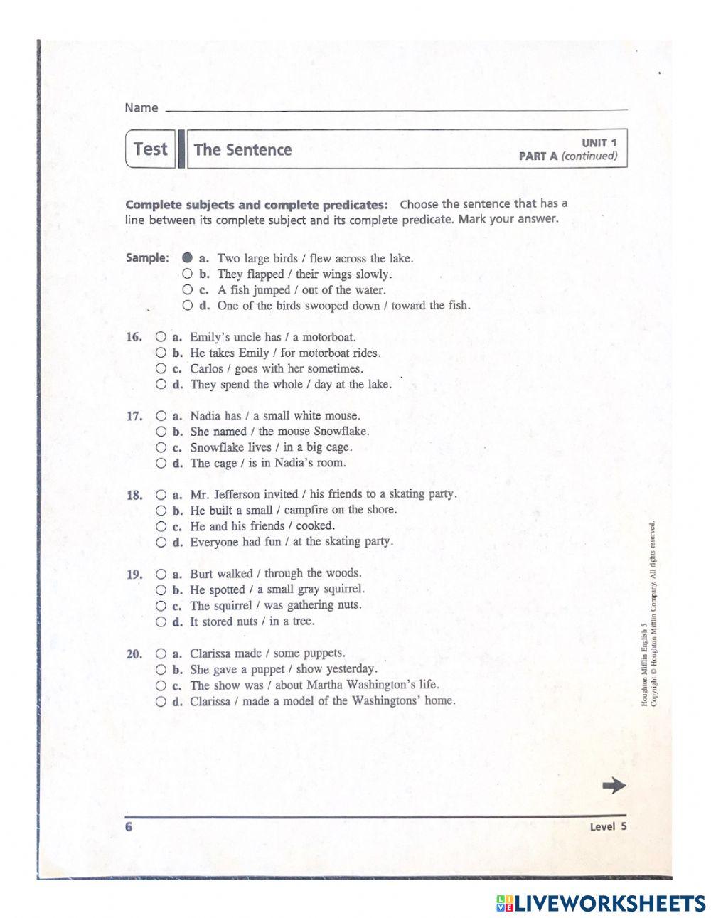The Sentence Test Part A online exercise for | Live Worksheets