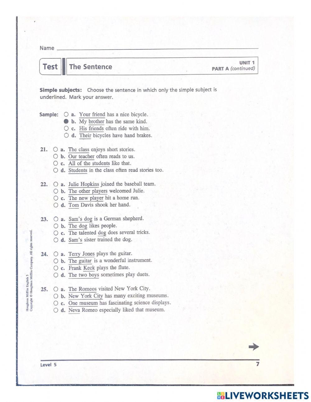 The Sentence Test Part A online exercise for | Live Worksheets