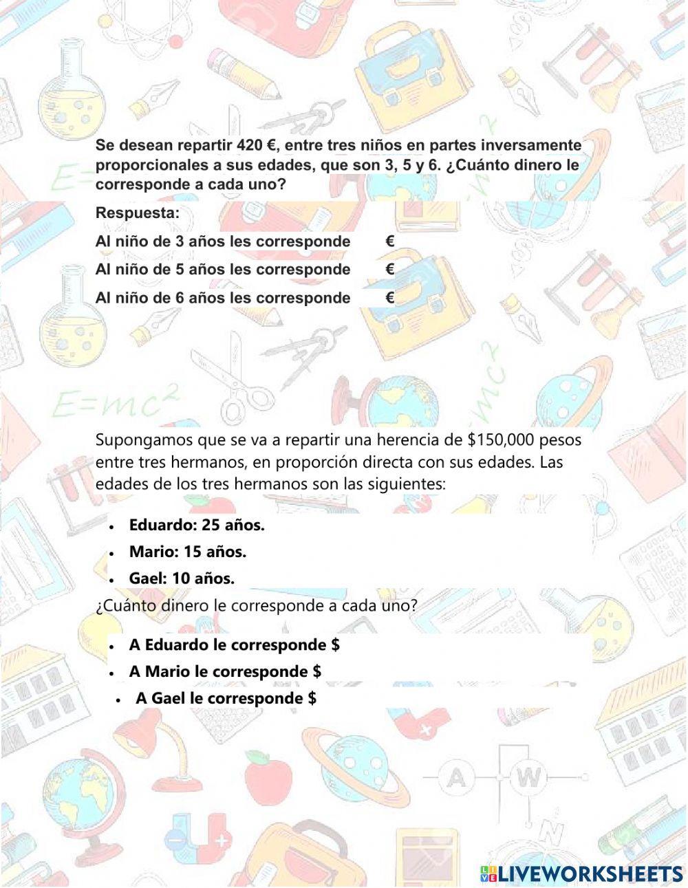 Reparto proporcional directo e inverso worksheet | Live Worksheets