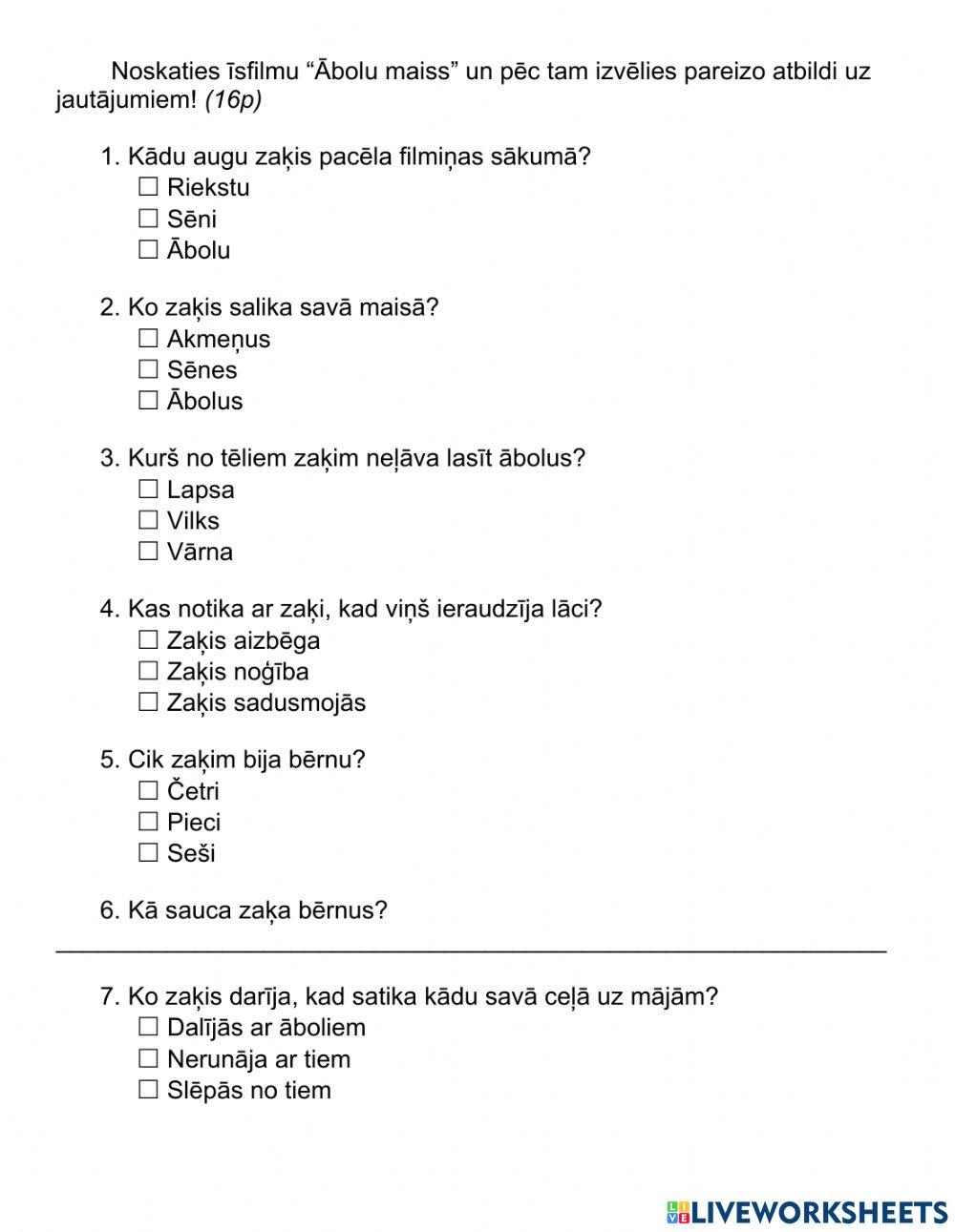 Ābolu maiss kontrolljautājumi worksheet | Live Worksheets