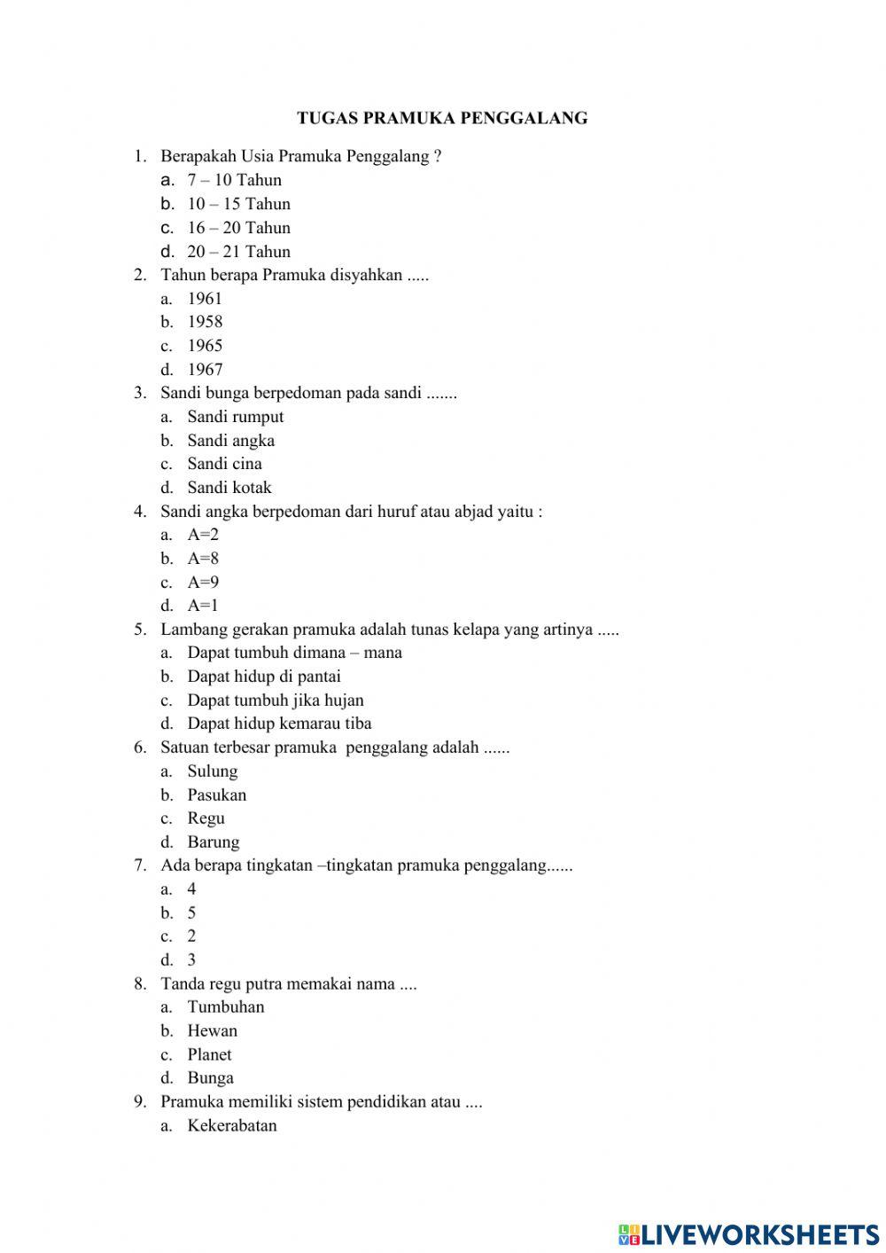 Tugas pramuka penggalang worksheet | Live Worksheets