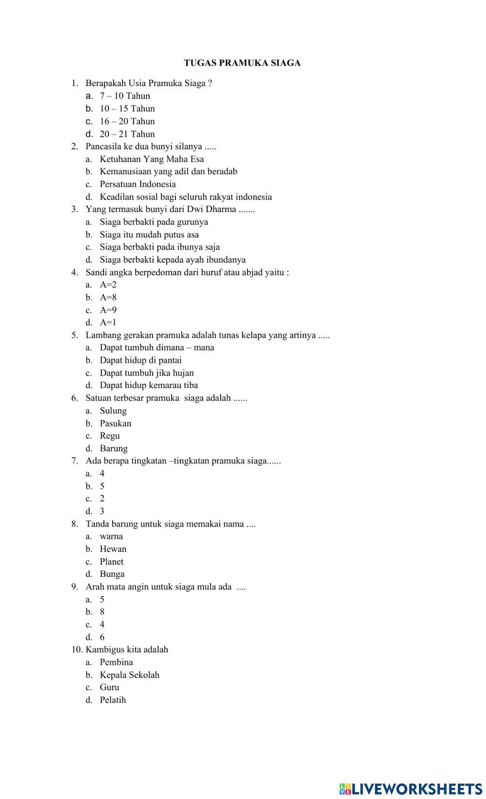 Tugas pramuka siaga worksheet | Live Worksheets