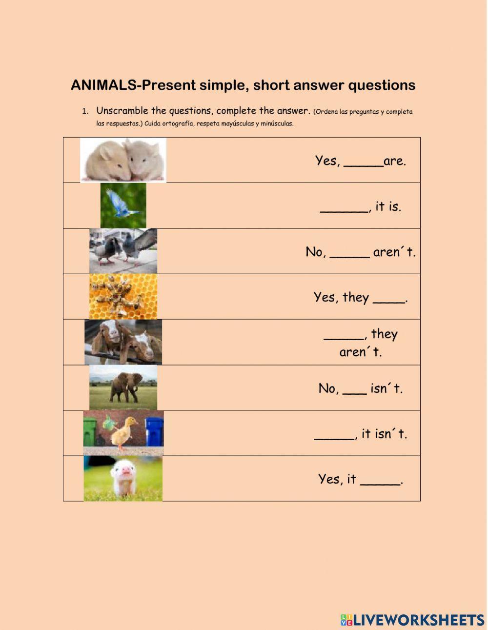 Animals-Present Simple Short Answer Questions