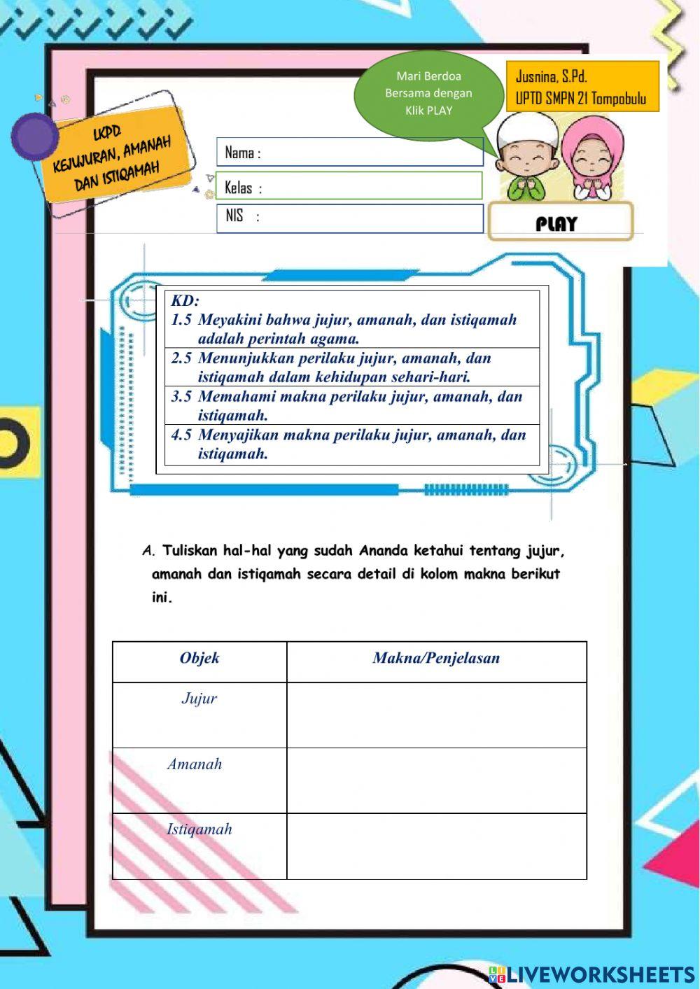 LKPD Hidup Tenang dengan Jujur, Amanah dan Istiqamah worksheet | Live ...