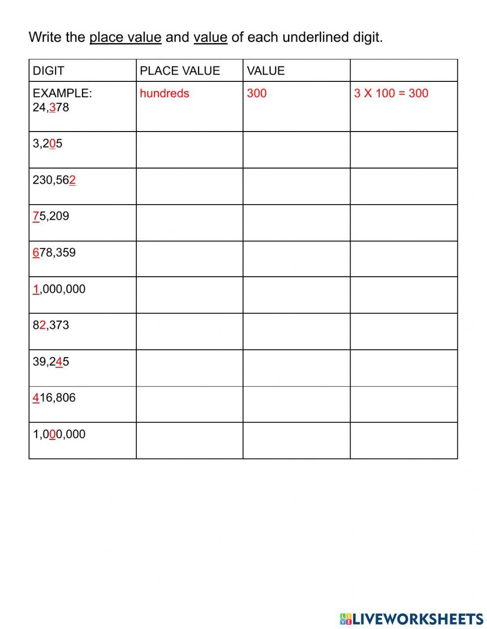 Place Value and Value 0844 | nickyd | Live Worksheets