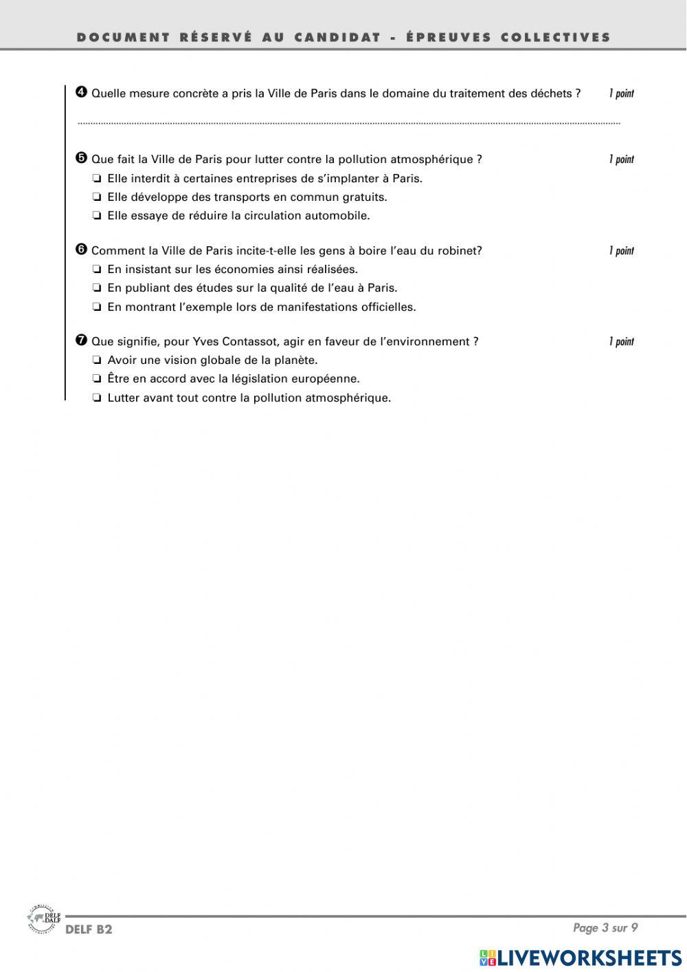 DELF B2 PUBLIC EXEMPLE 5 online exercise for | Live Worksheets