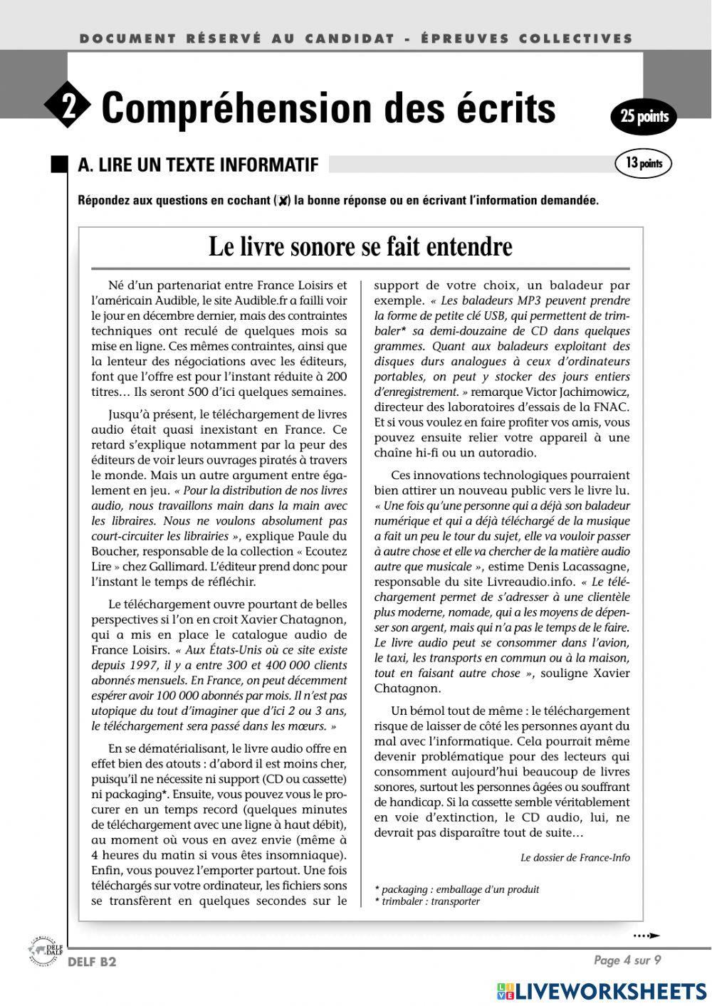 DELF B2 PUBLIC EXEMPLE 5 online exercise for | Live Worksheets