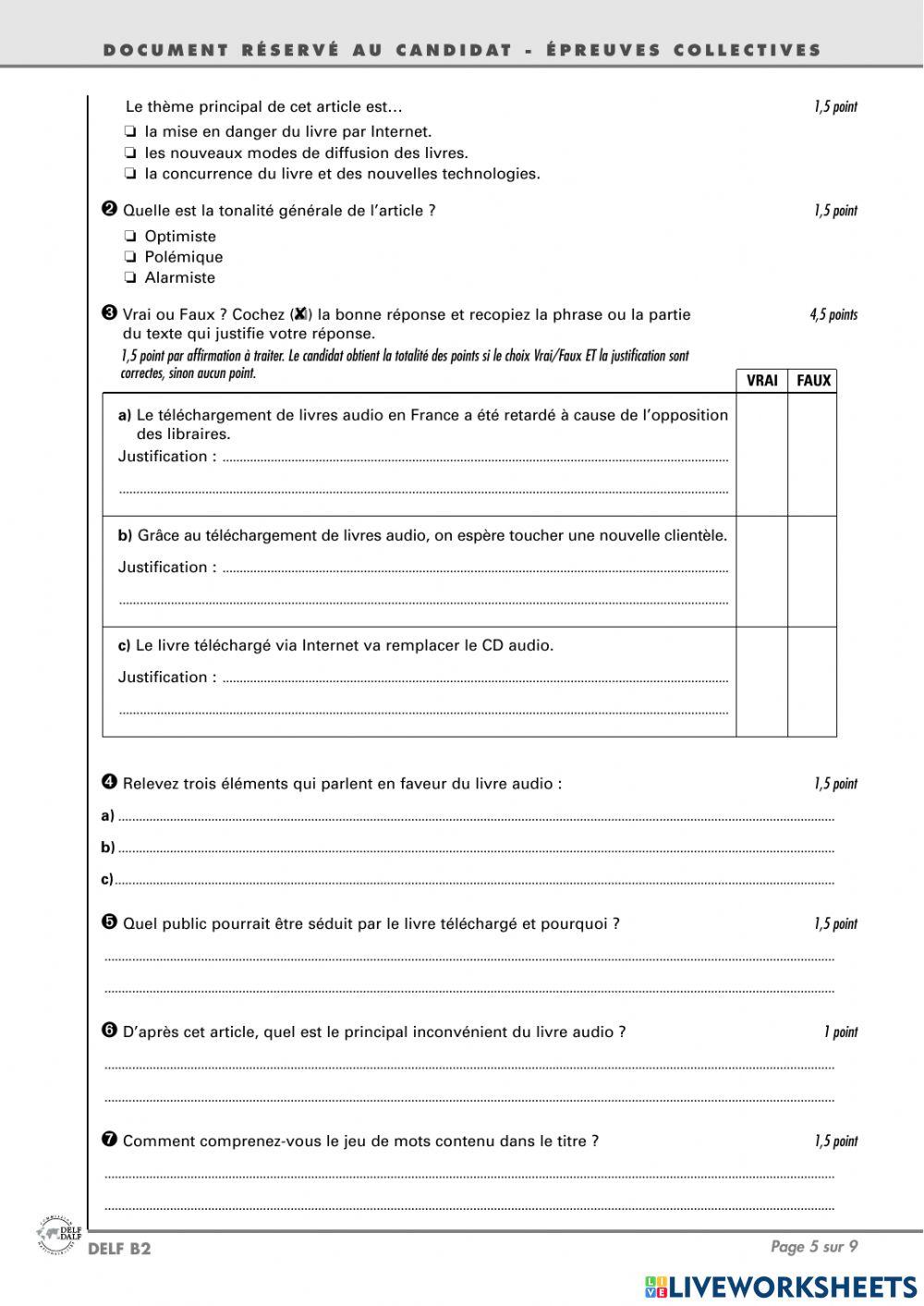 DELF B2 PUBLIC EXEMPLE 5 online exercise for | Live Worksheets