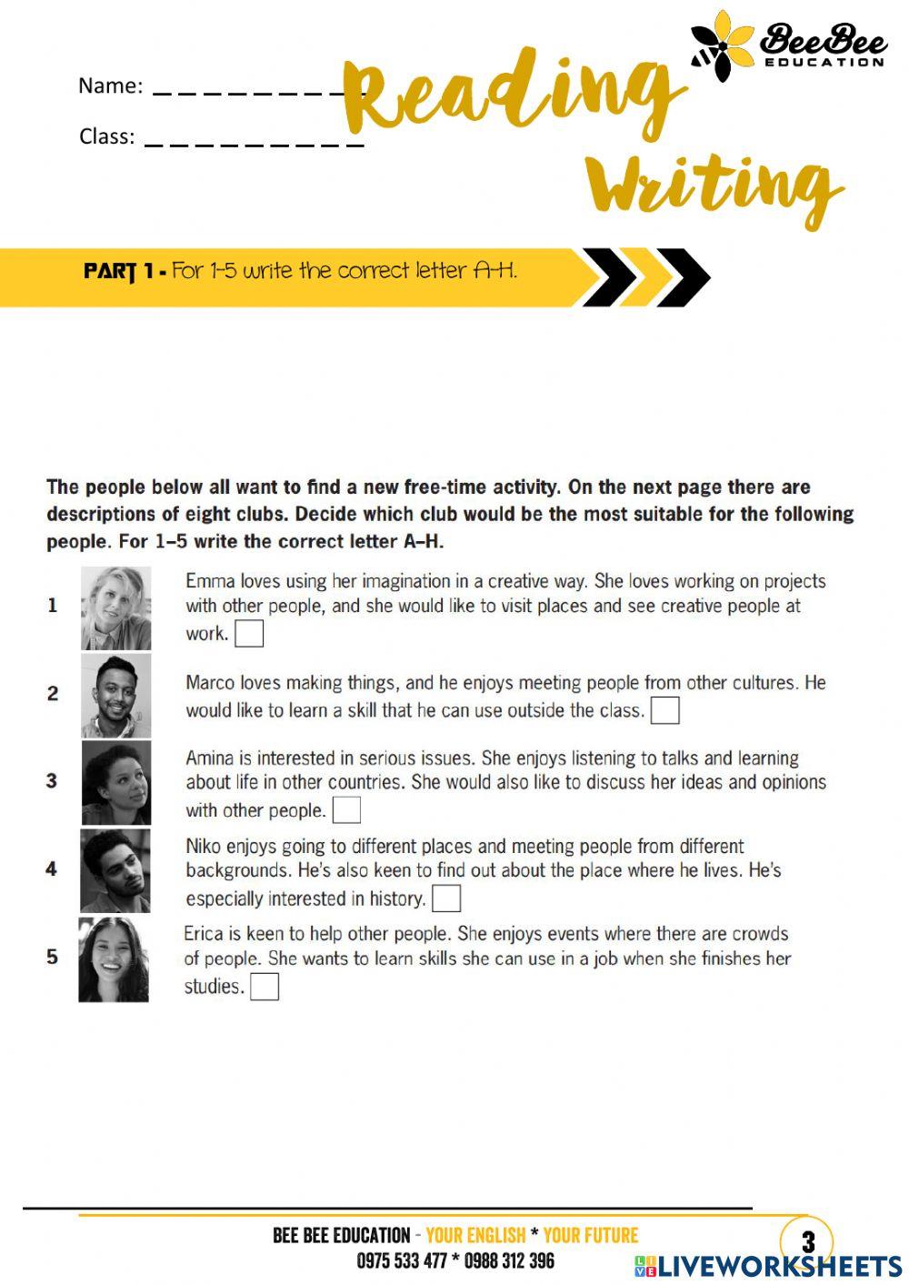 (PET) Reading Part 2 - Practice 1 3009779 | BeeBee | Live