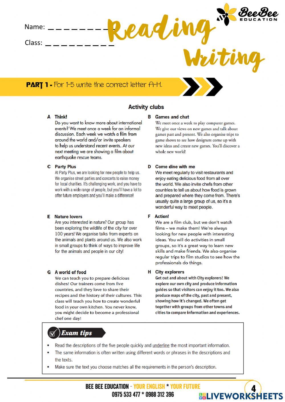 (PET) Reading Part 2 - Practice 1 3009779 | BeeBee | Live