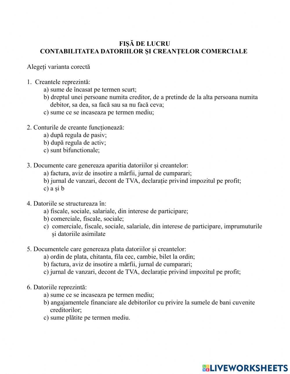 Contabilitatea creantelor si datoriilor worksheet | Live Worksheets