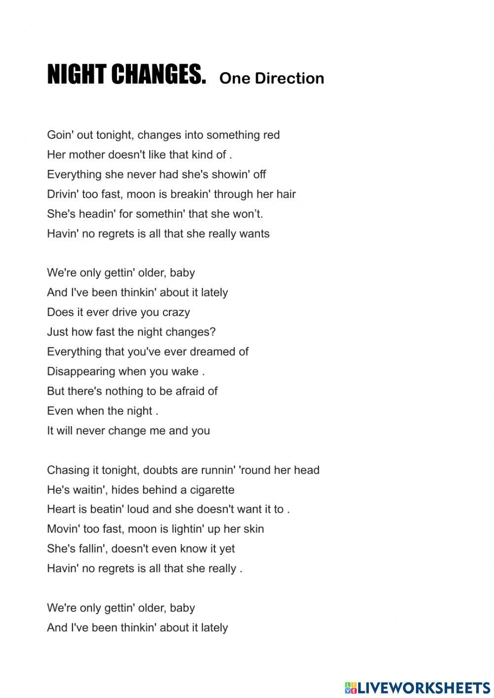 NIGHT CHANGES ( One Direction ) worksheet | Live Worksheets