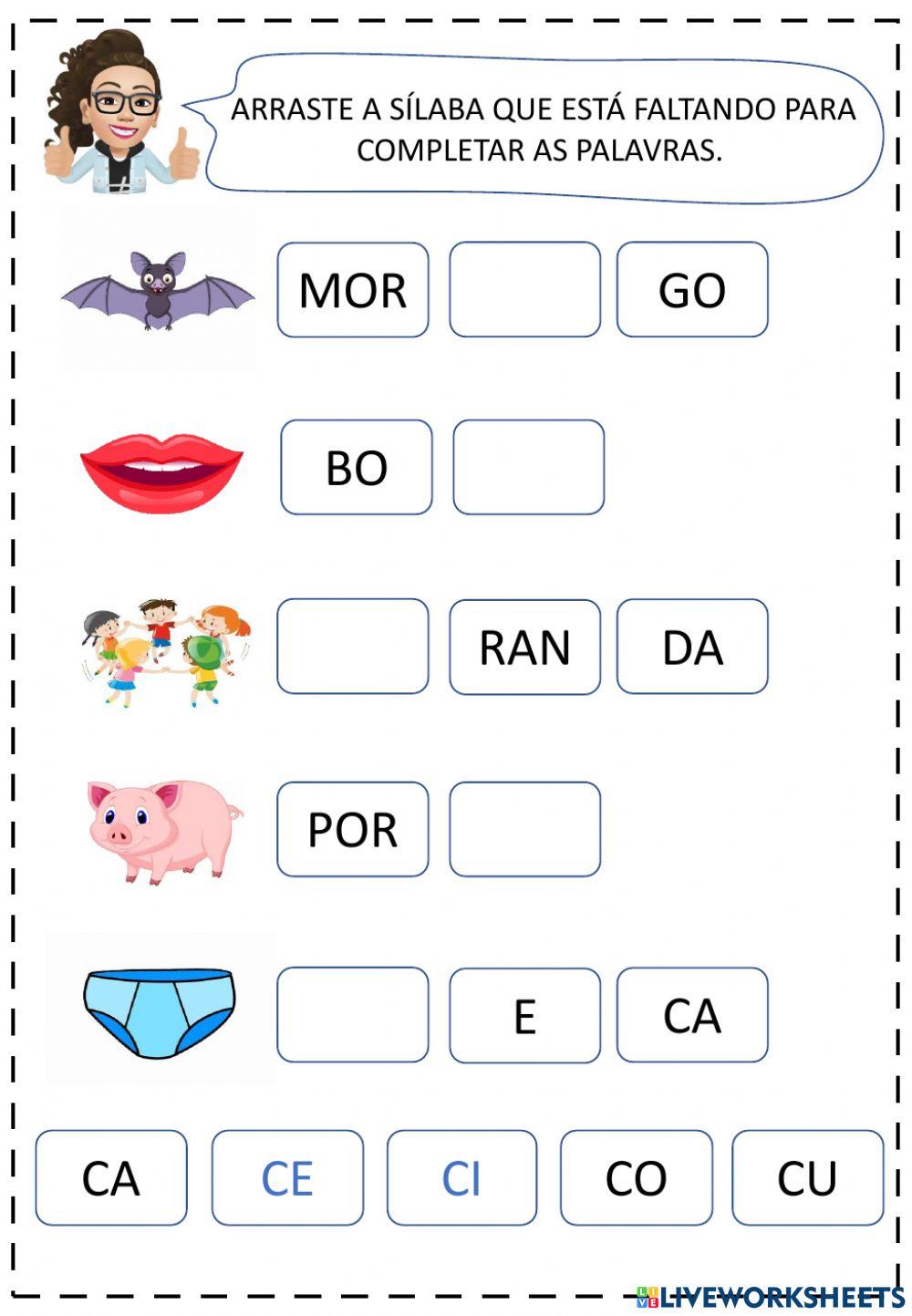 Complete com as sílabas activity | Live Worksheets