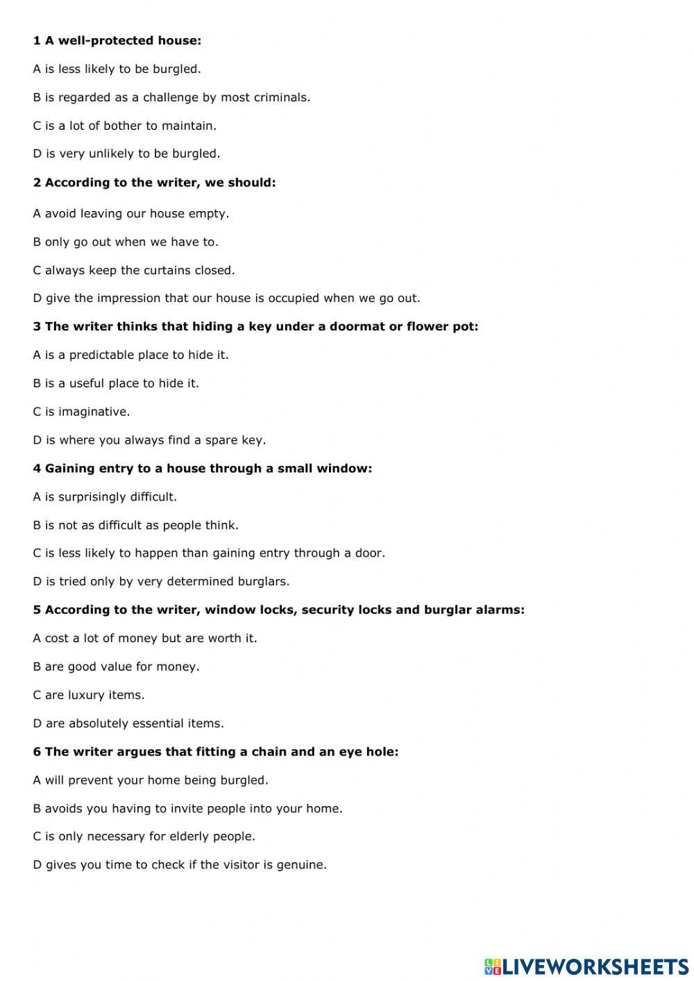 B2 reading 25 worksheet | Live Worksheets