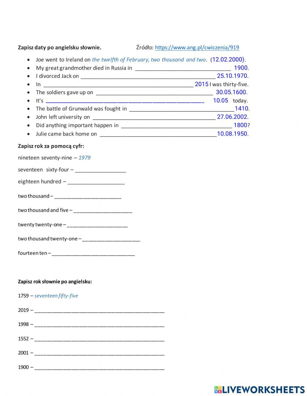 Ordinal Numbers Dates Years worksheet | Live Worksheets