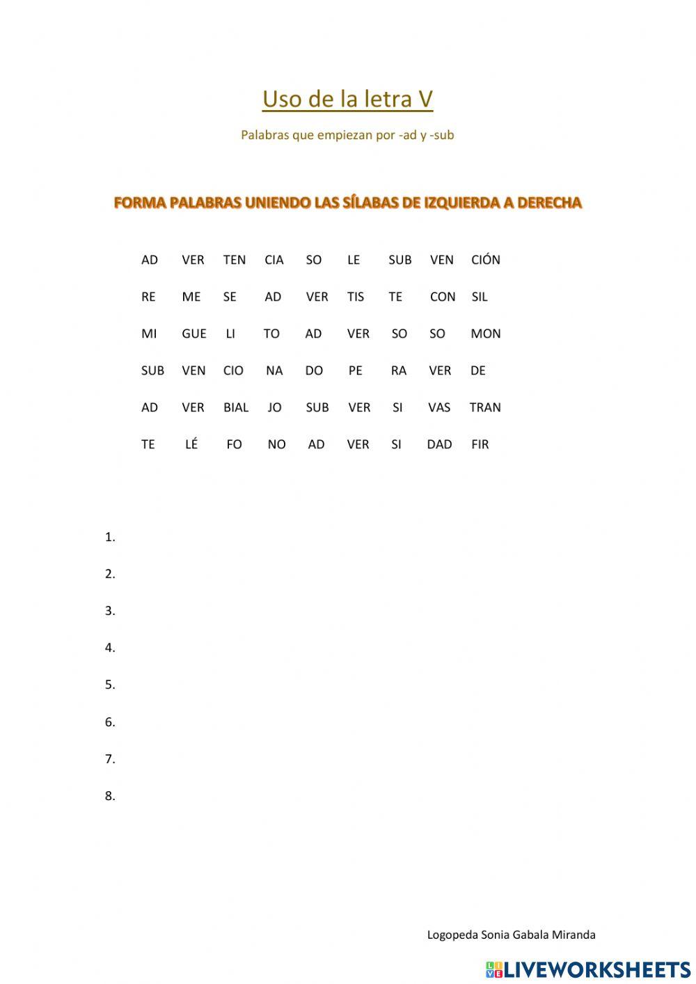 Palabras que empiezan por ad y sub | Live Worksheets