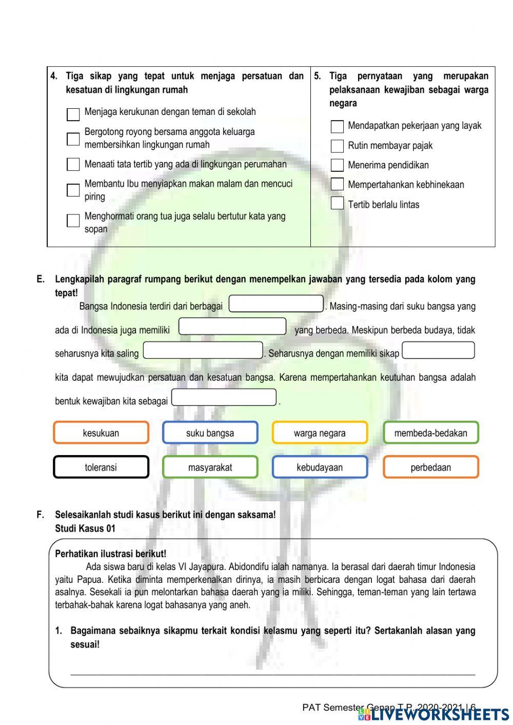 Penilaian Akhir Tahun (PAT) PPKn worksheet | Live Worksheets