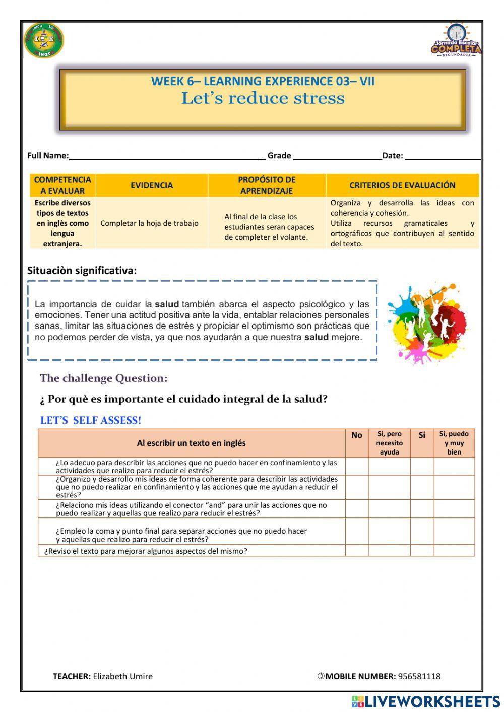Let's reduce stress online exercise | Live Worksheets