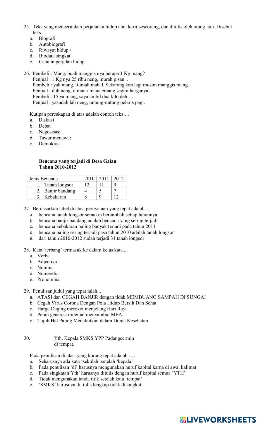 US BAHASA INDONESIA PAKET 1 KELAS 10 IPA-IPS worksheet | Live Worksheets