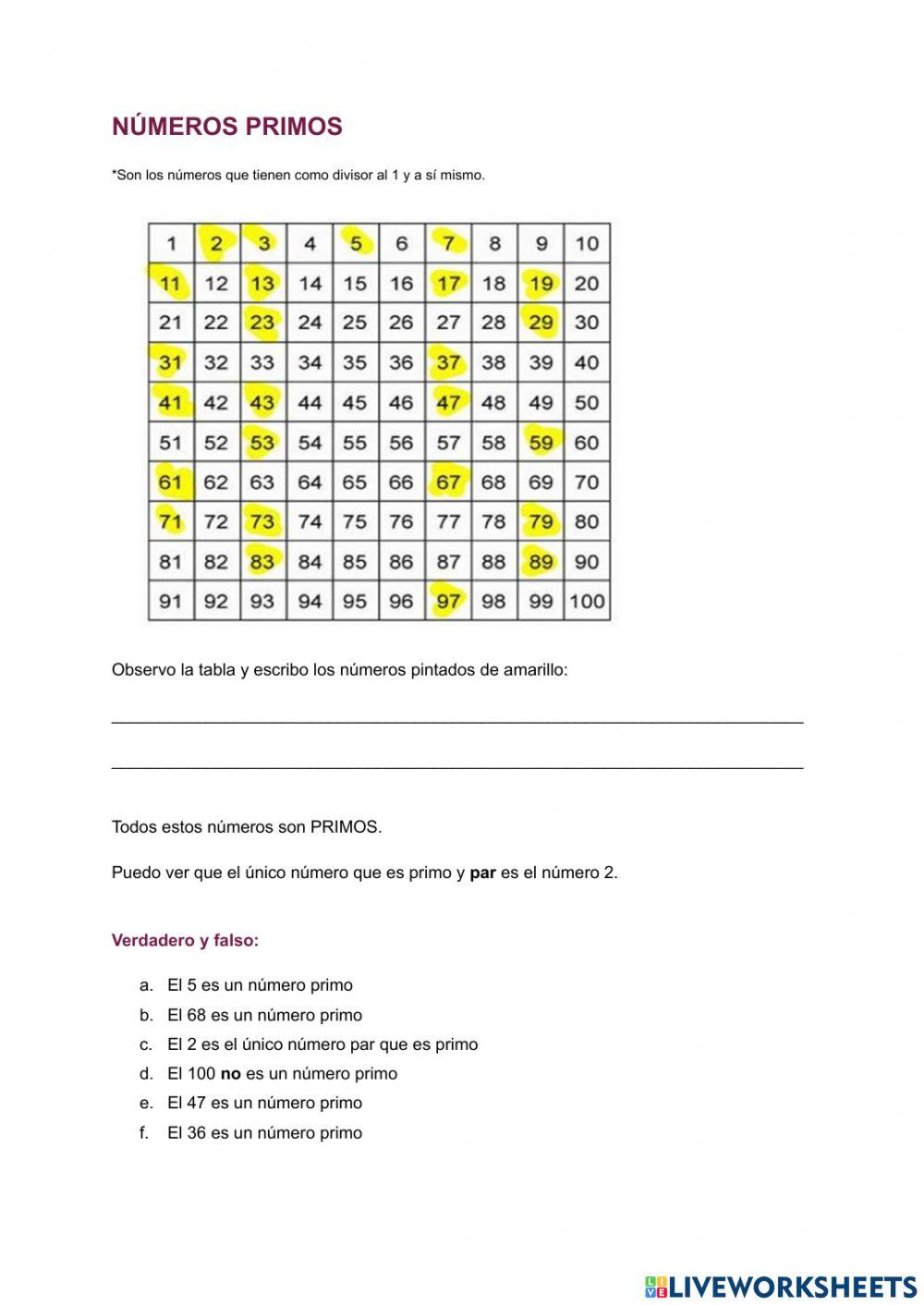 Números primos | Free Interactive Worksheets | 1052095