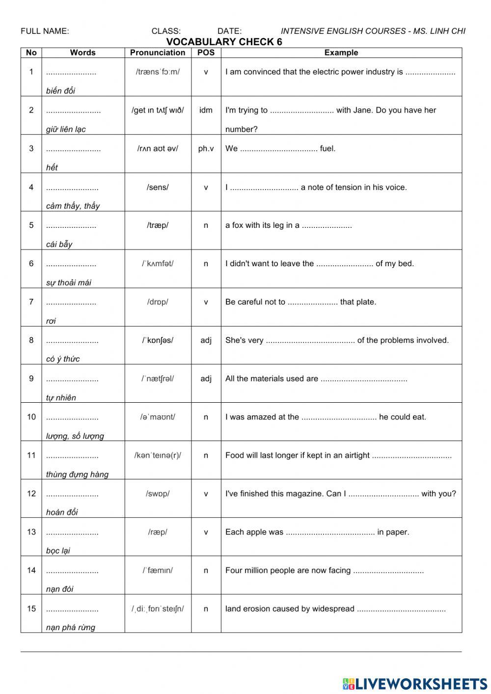 G6 - Vocabulary check 6 worksheet | Live Worksheets