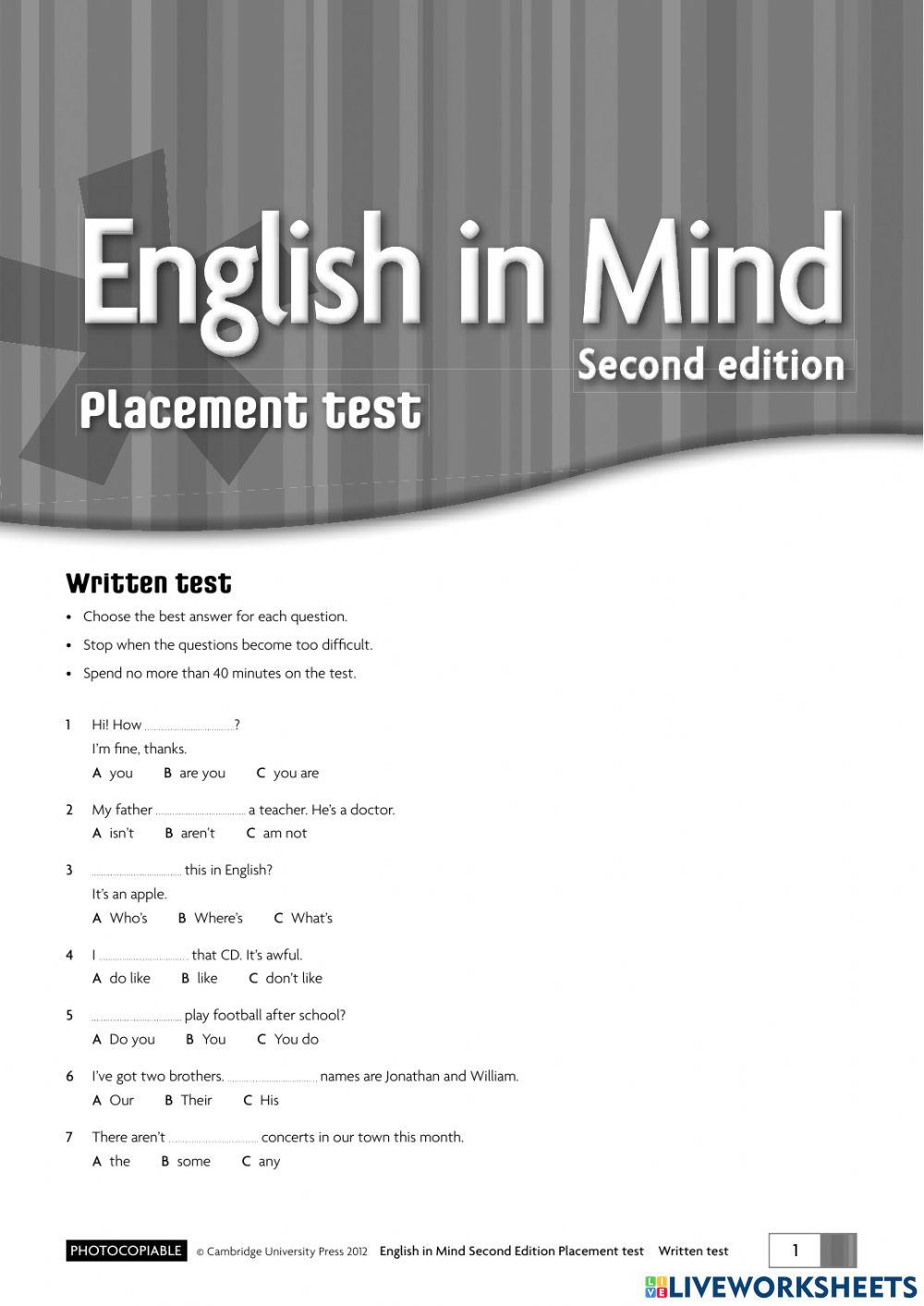 Placement Test online exercise for | Live Worksheets