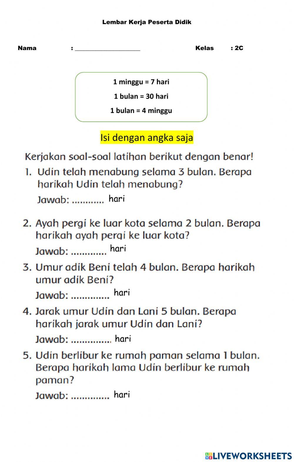 Merubah bulan ke hari worksheet | Live Worksheets