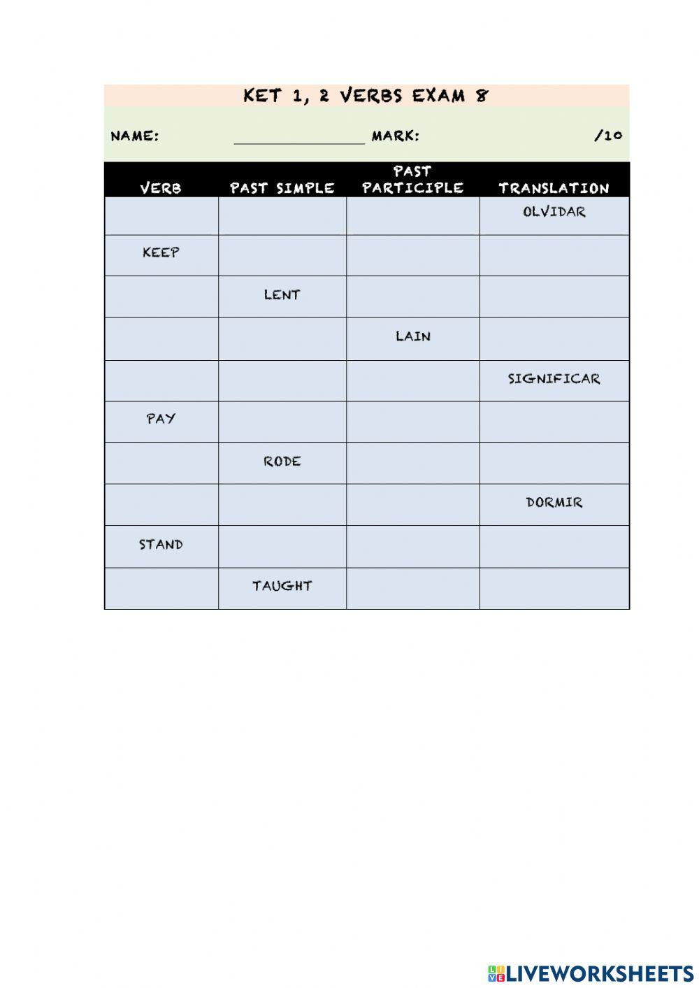 Ket 1,2 Irregular verbs exam 8 worksheet | Live Worksheets