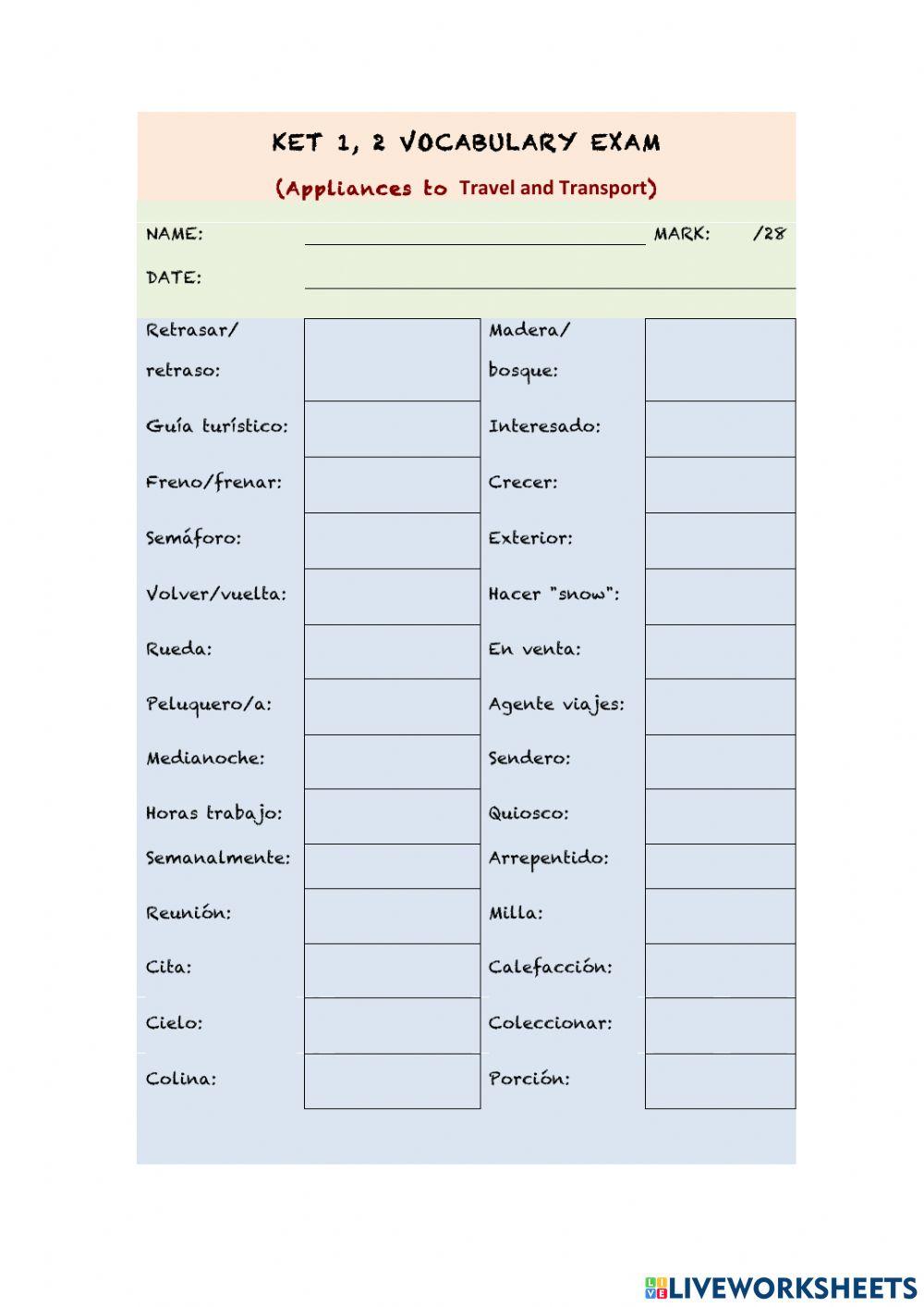 Ket 1,2 Vocabulary Exam 8 worksheet | Live Worksheets
