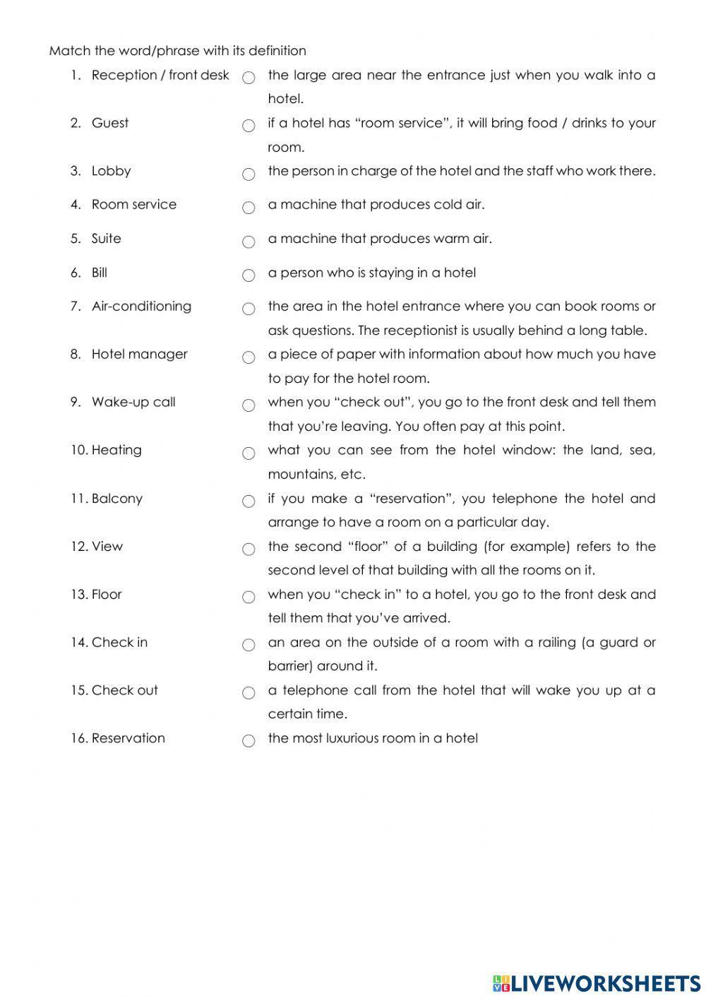 At the hotel | Free Interactive Worksheets | 1053169
