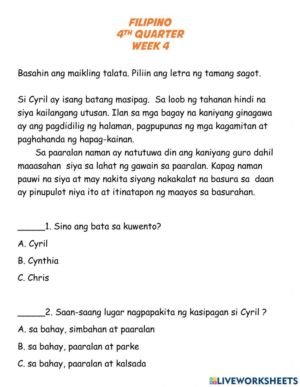 Filipino 4th Quarter-Week Worksheet Live Worksheets, 40% OFF