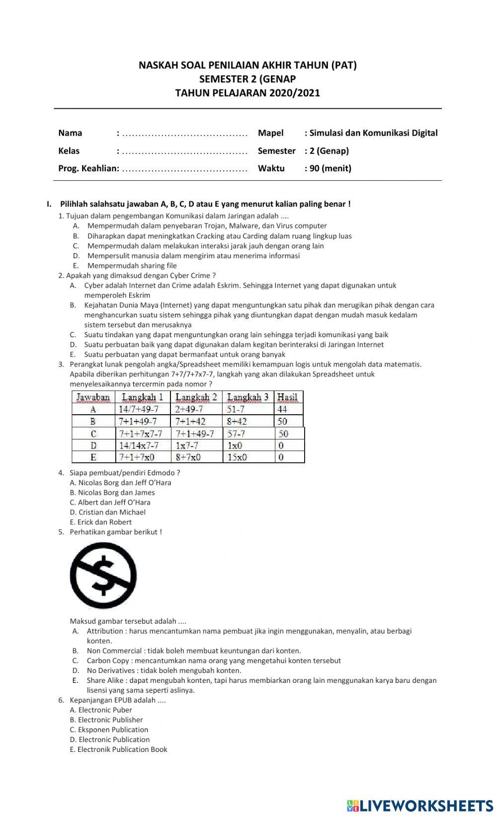 SOAL pat simdig worksheet | Live Worksheets