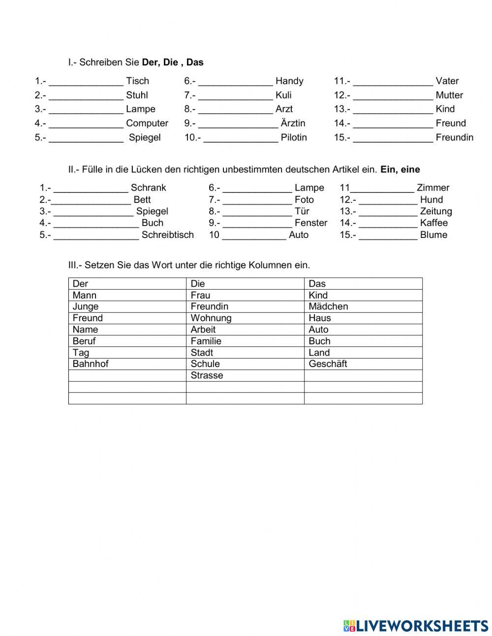 Bestimmte Artikel Test Bestimmte Artikel, Vokabeln Ein…: Deutsch DAF