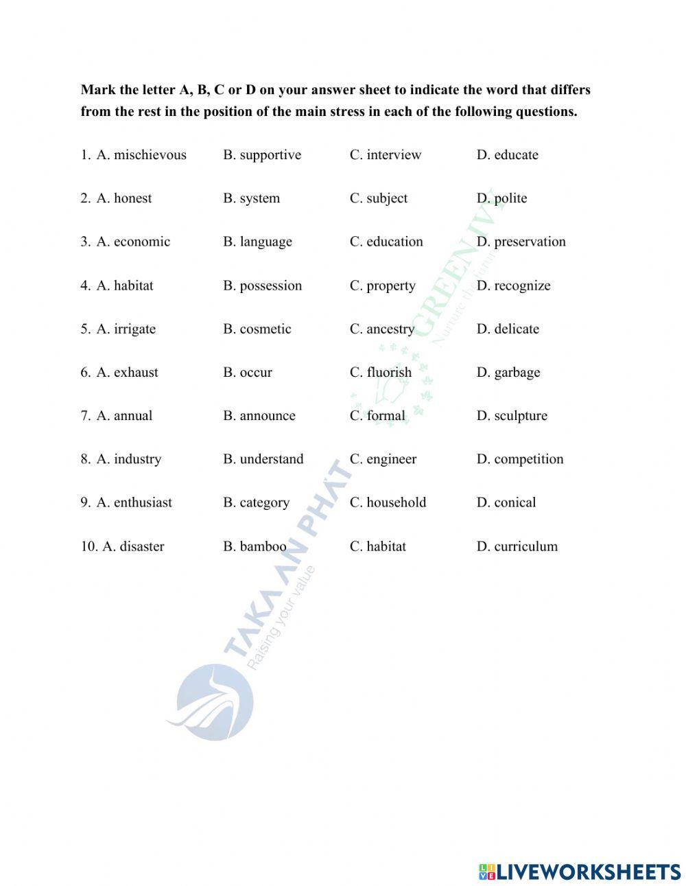 English 10 worksheet for 10 | Live Worksheets
