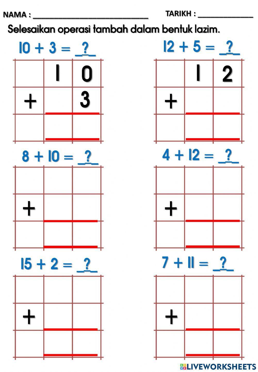Operasi tambah dalam linkungan 20 worksheet | Live Worksheets