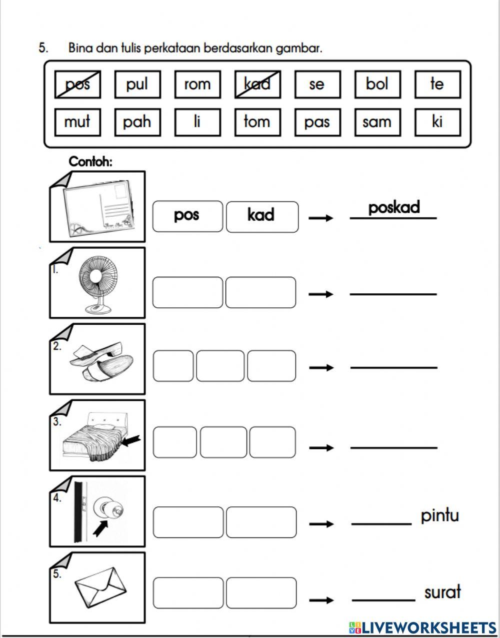 Bina dan tulis perkataan ada suku kata tertutup worksheet | Live Worksheets