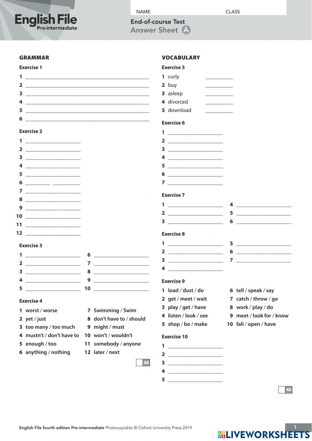 EF4 pre answer online exercise for | Live Worksheets