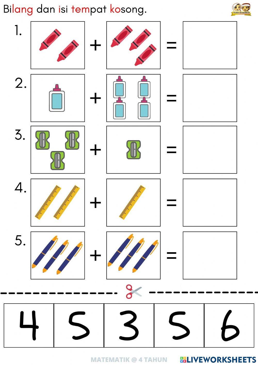 MATHS: Operasi tambah 1-5 online worksheet | Live Worksheets