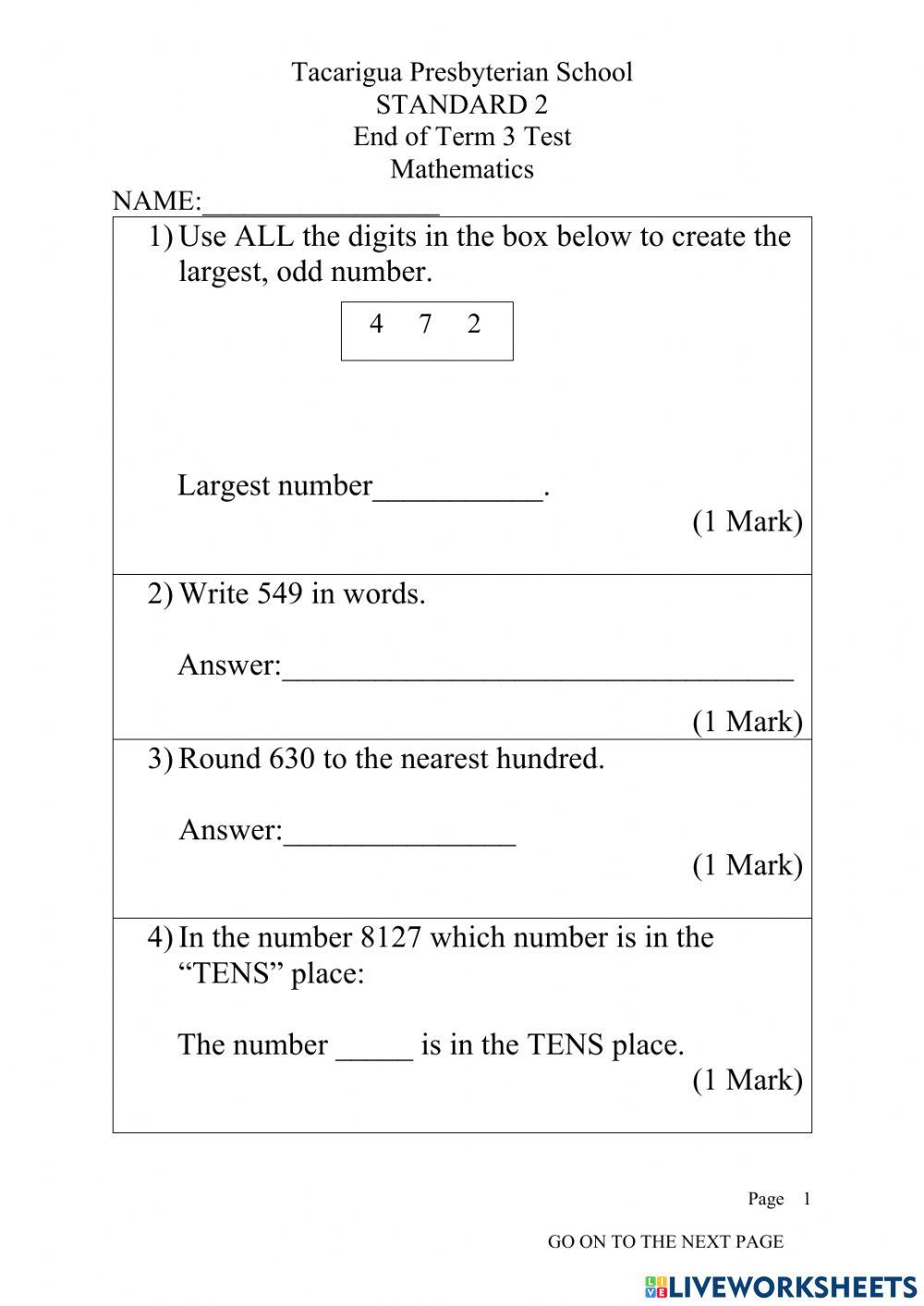 End Of Term Three Mathematics Test Std 2 2021 Online Exercise For End Of Term Three Mathematics Test Std 2 2021 Online Exercise For