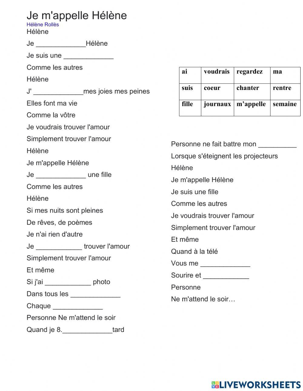 La chanson Hélè… | Free Interactive Worksheets | 1076433
